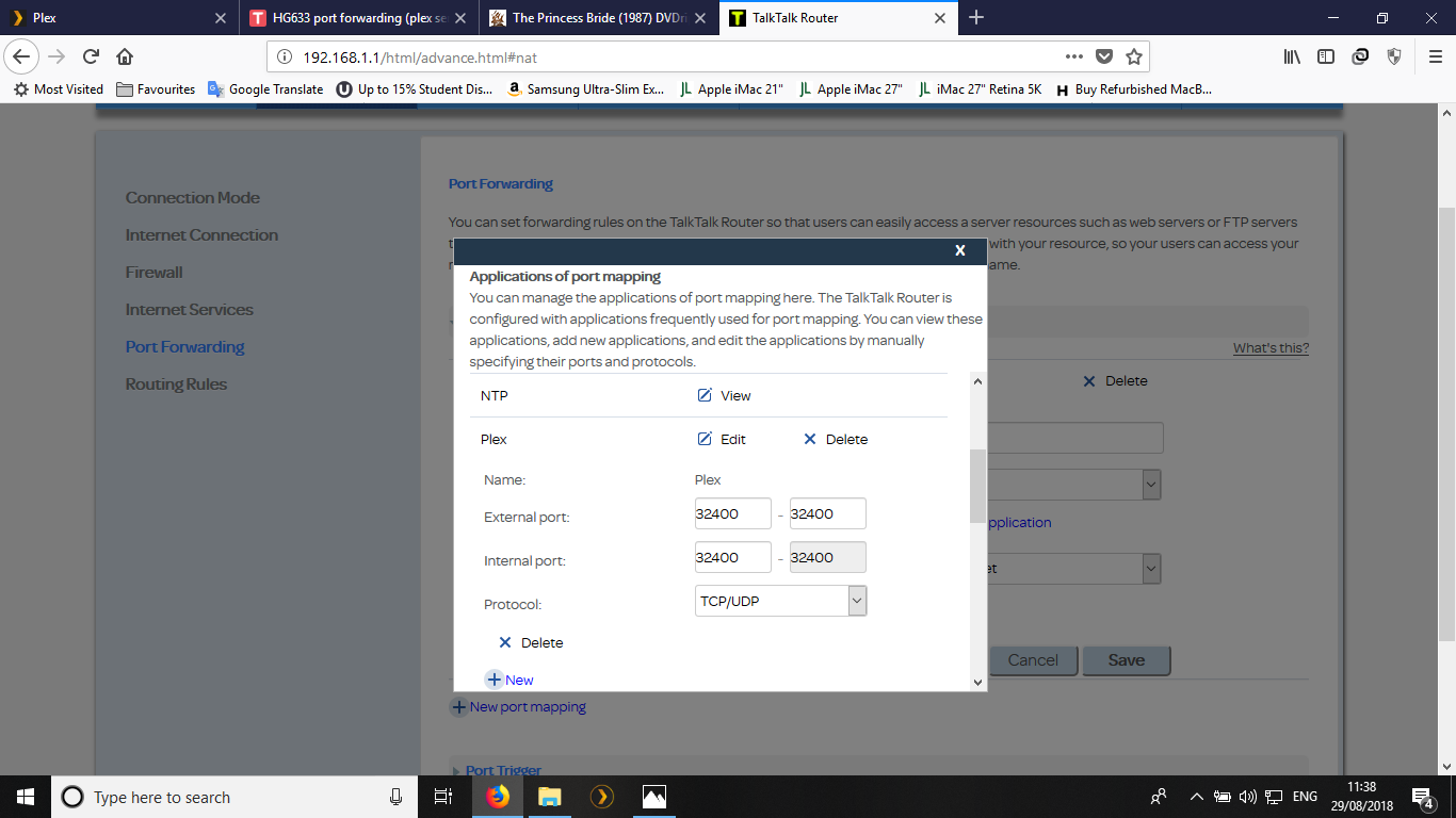 HG633 port forwarding (plex server) - TalkTalk Help & Support