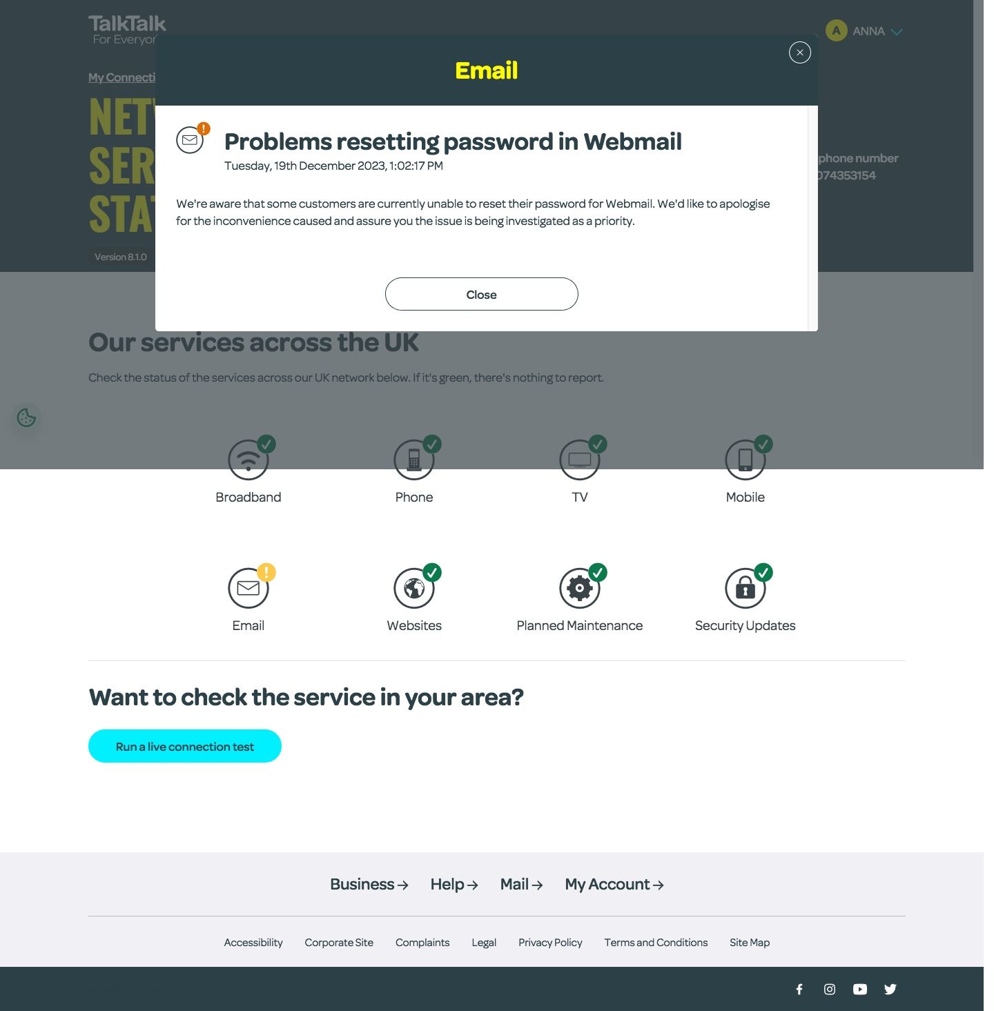email access password rejection - TalkTalk Help & Support