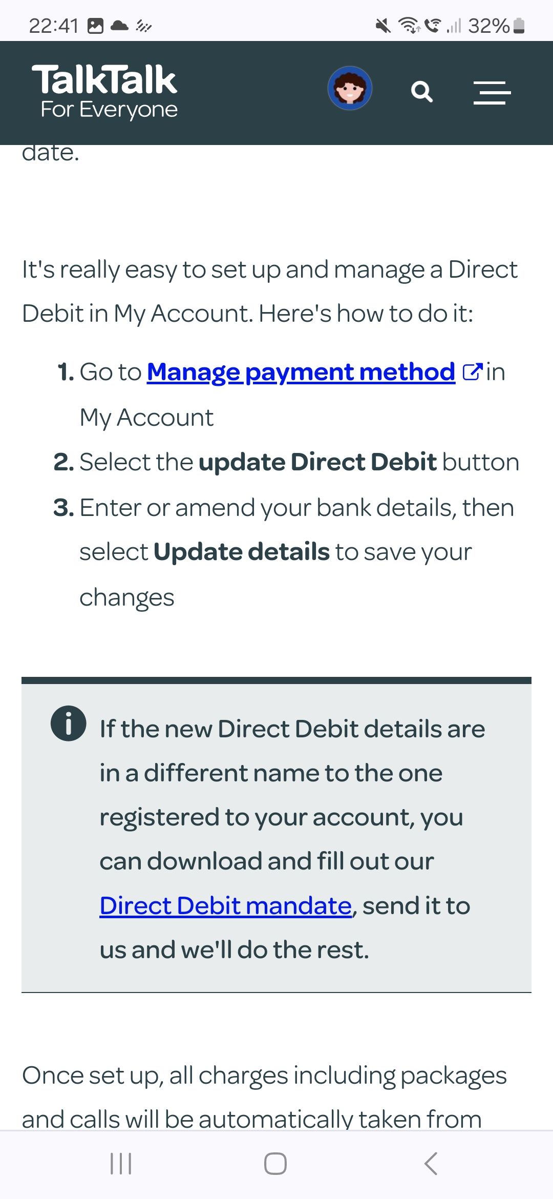 Settling up a direct debit as supposed to recurrin... - TalkTalk Help & Support