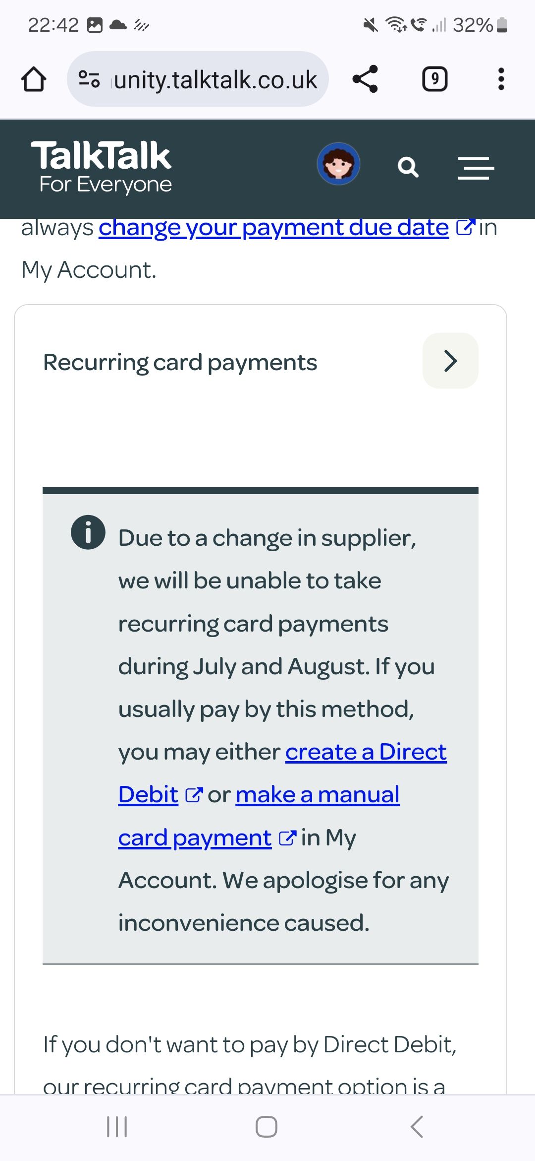 Settling up a direct debit as supposed to recurrin... - TalkTalk Help & Support